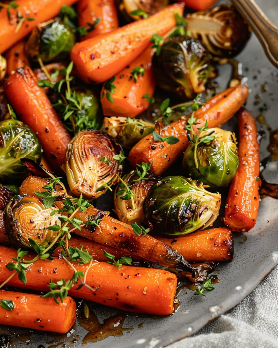 crispy maple glazed carrots and brussel sprouts